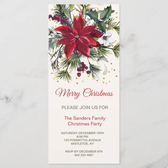 Watercolor Poinsettia, holly, pine Christmas Party Menu | Zazzle