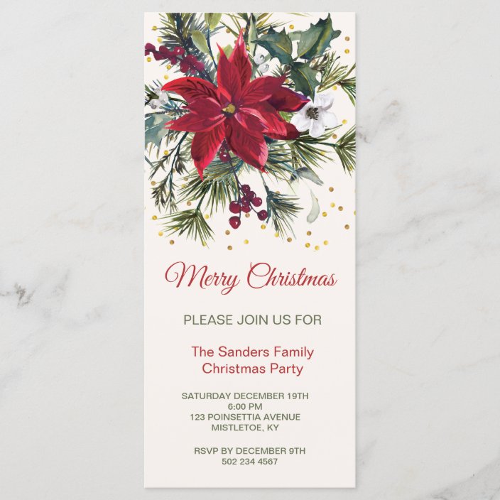 Watercolor Poinsettia, holly, pine Christmas Party Menu | Zazzle.com