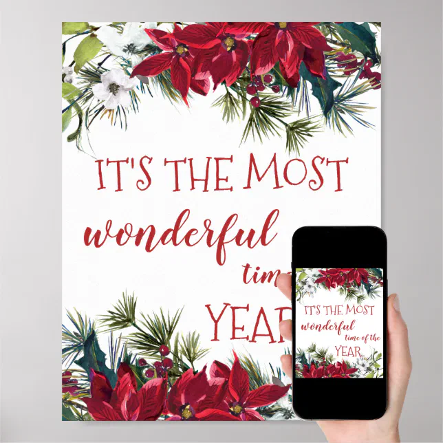 Watercolor Poinsettia, holly, pine Christmas Poster | Zazzle