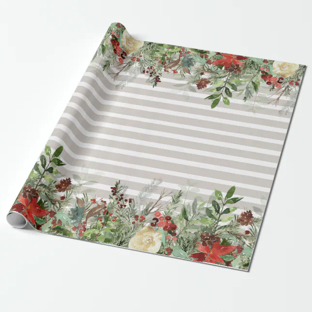 Watercolor Poinsettia Pine Waterfall Striped Wrapping Paper | Zazzle
