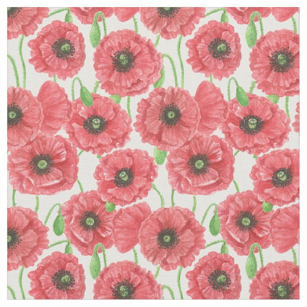 Red poppy floral pattern fabric | Zazzle