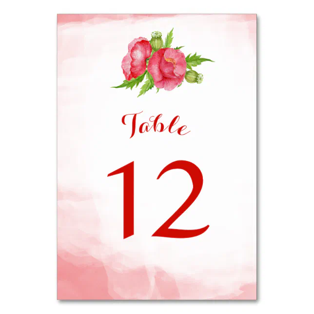 Watercolor Poppy Flower Table Number Cards | Zazzle