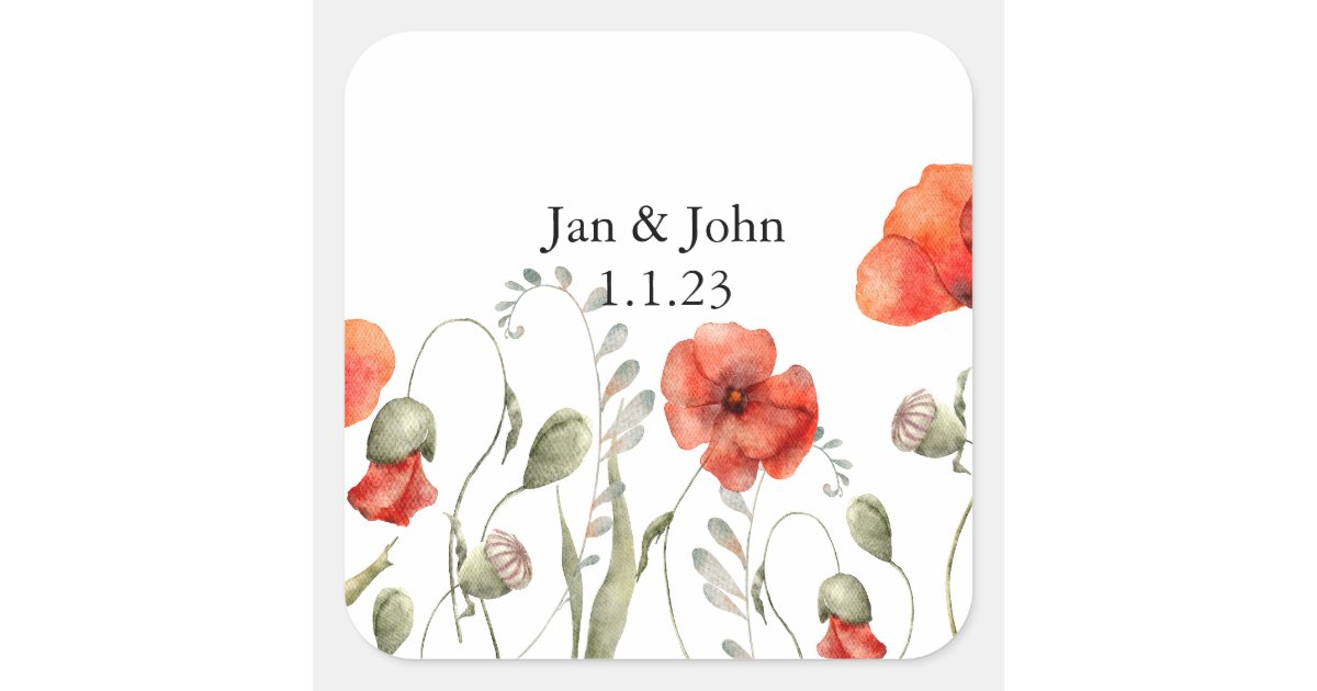 Watercolor Poppy Red wildflowers Square Sticker | Zazzle