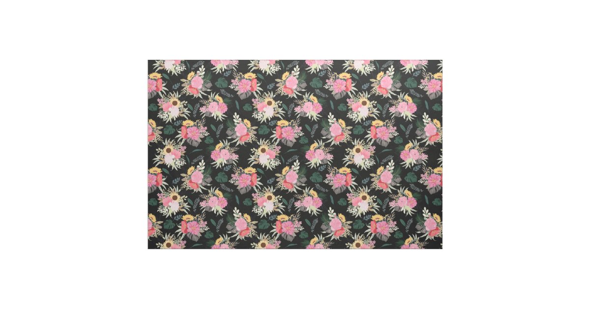 Watercolor Poppy & Sunflowers Floral Black Design Fabric | Zazzle