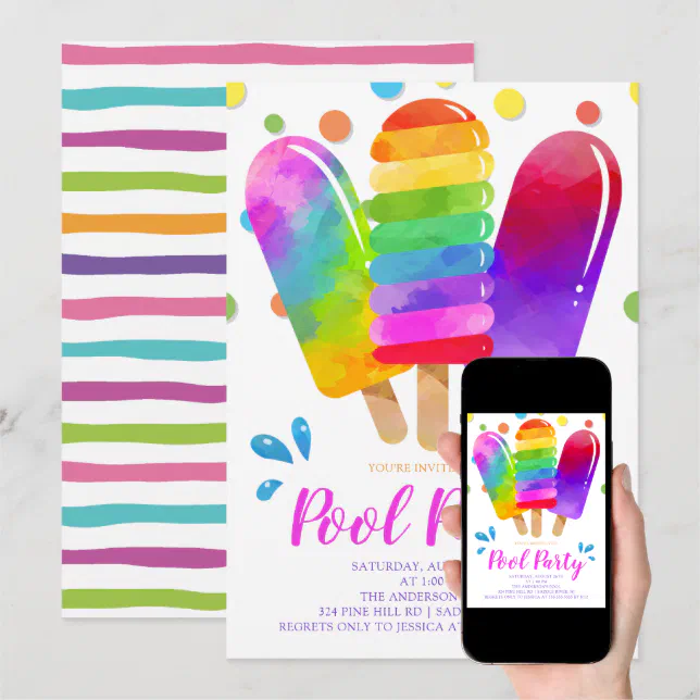 Watercolor Popsicles Pool Party Invitation | Zazzle