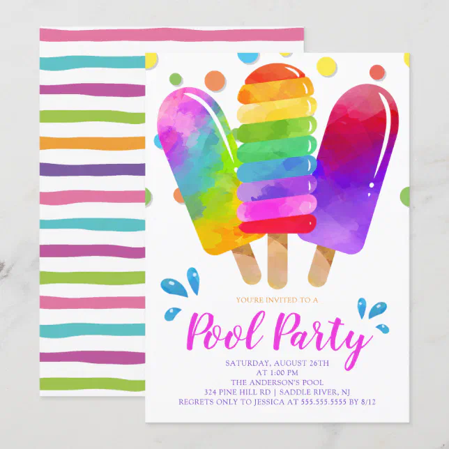 Watercolor Popsicles Pool Party Invitation | Zazzle