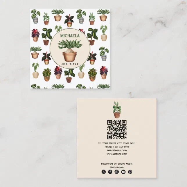 Watercolor Potted Plants Home Staging QR Code Square Business Card | Zazzle