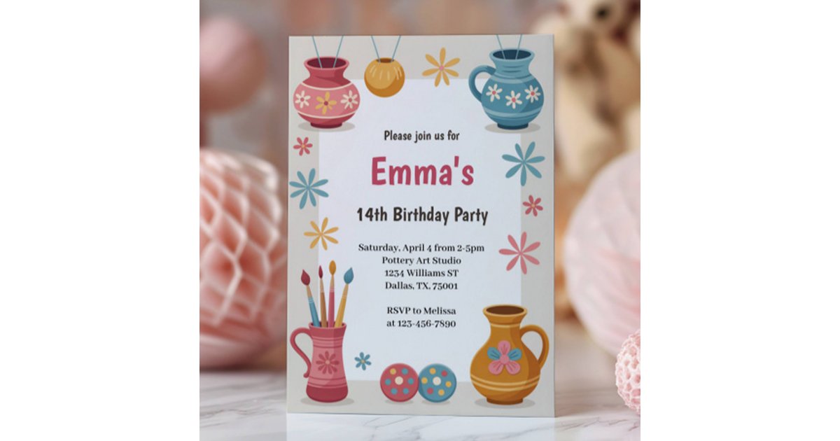 Watercolor Pottery Painting Birthday Party Invitation | Zazzle