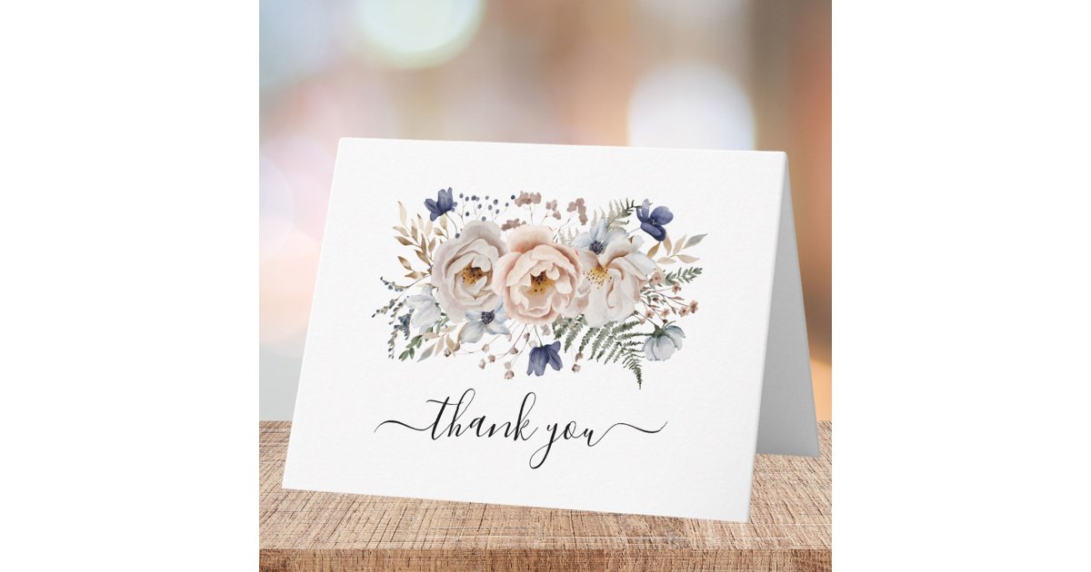 Watercolor Pretty Beige Blue Flowers Floral Folded Thank You Card | Zazzle