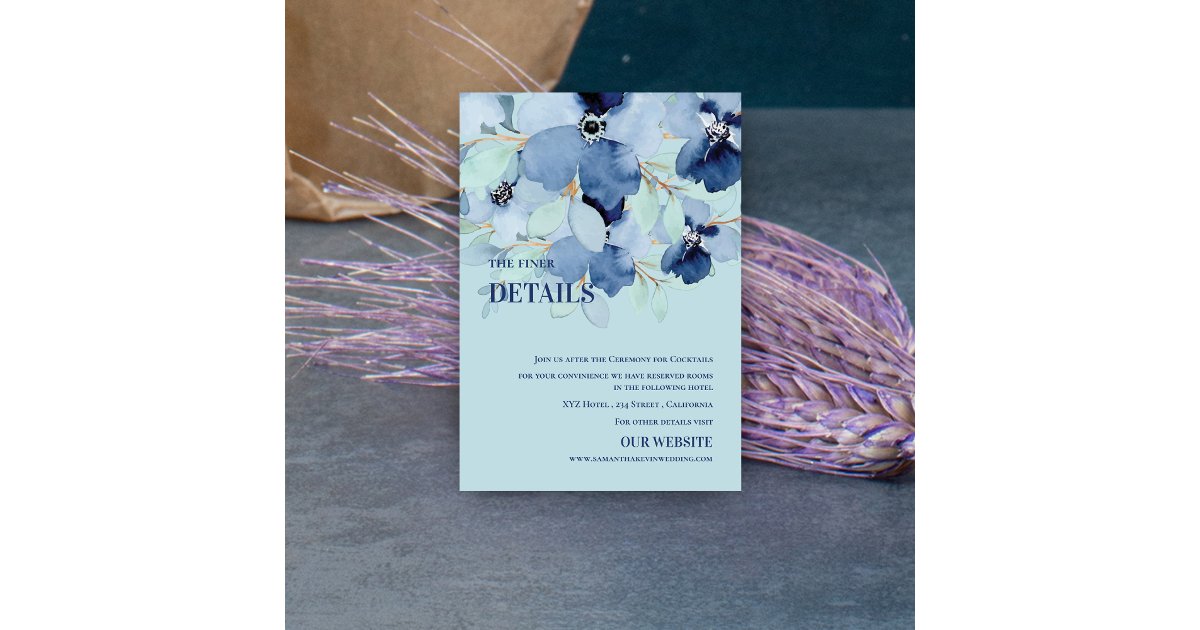 Watercolor Pretty Blue Floral Wedding Details Enclosure Card | Zazzle