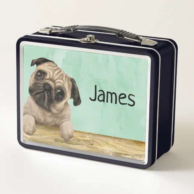 Watercolor Pug Add Your Own Name Metal Lunch Box | Zazzle