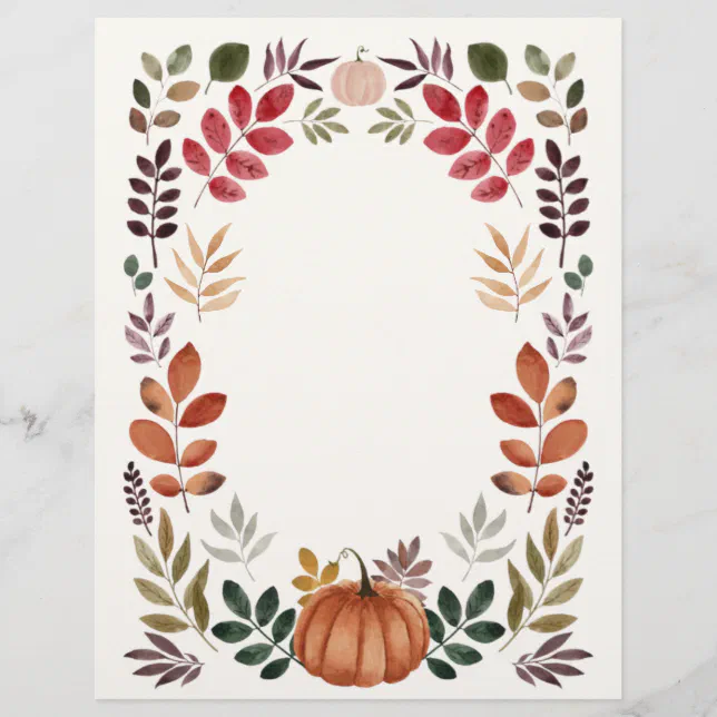 Watercolor Pumpkin & Autumn Leaves Letterhead | Zazzle