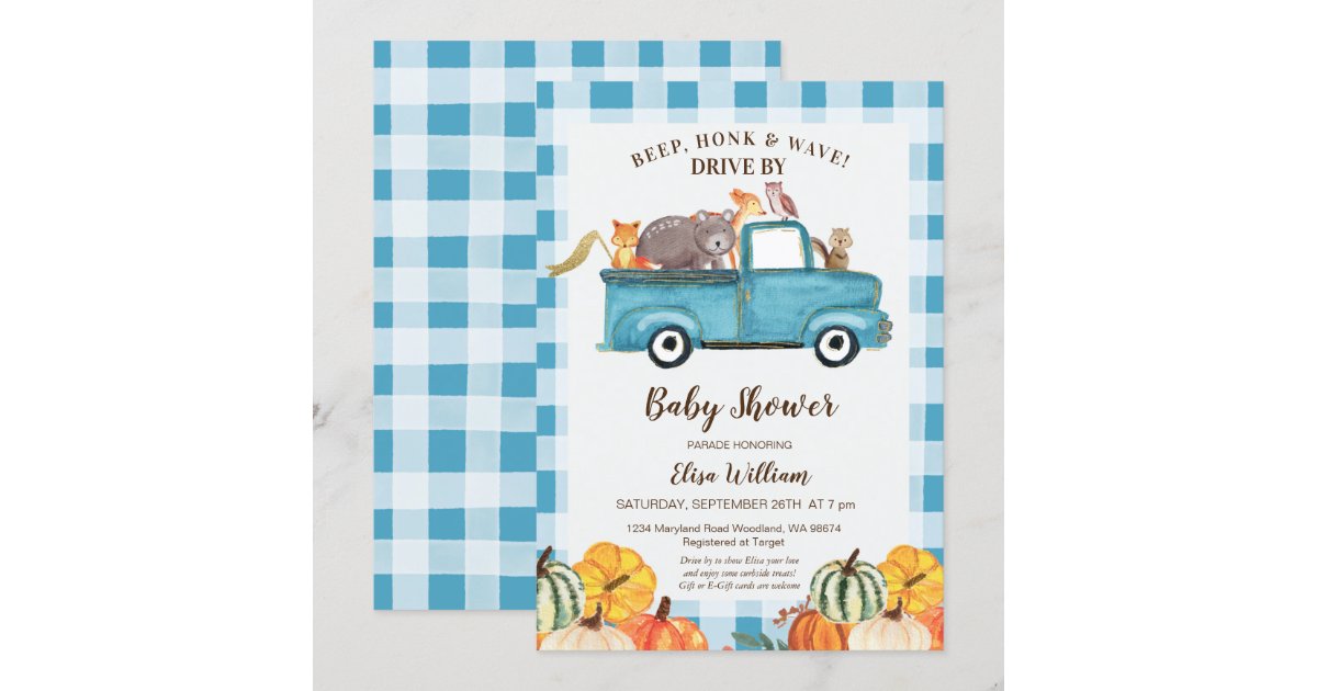 Watercolor Pumpkin Blue Truck Drive By Baby Shower Invitation | Zazzle