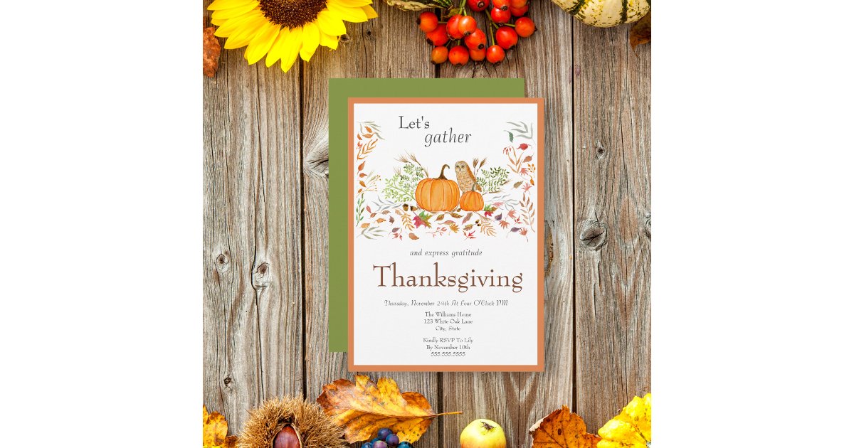 Watercolor Pumpkin & Owl In Autumn Thanksgiving Invitation | Zazzle