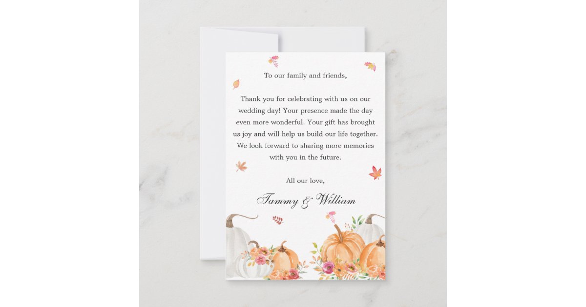 Watercolor Pumpkin Script Wedding Photo Thank You Card | Zazzle
