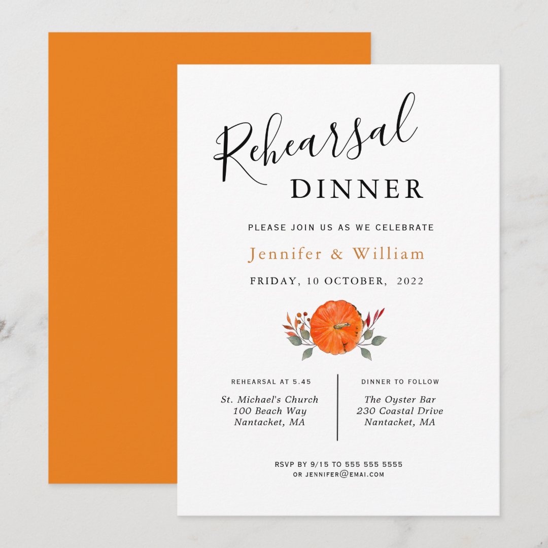 Watercolor Pumpkin wedding Rehearsal Dinner Announcement | Zazzle