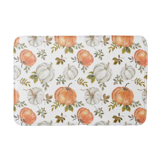 Watercolor Pumpkins and Foliage Autumn Pattern Bath Mat | Zazzle