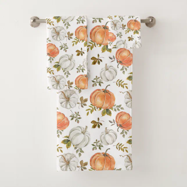 Watercolor Pumpkins and Foliage Autumn Pattern Bath Towel Set | Zazzle