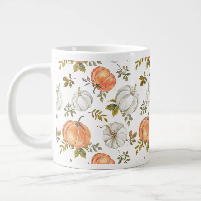 Watercolor Pumpkins and Foliage Autumn Pattern Giant Coffee Mug | Zazzle