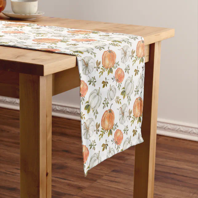 Watercolor Pumpkins and Foliage Autumn Pattern Short Table Runner | Zazzle