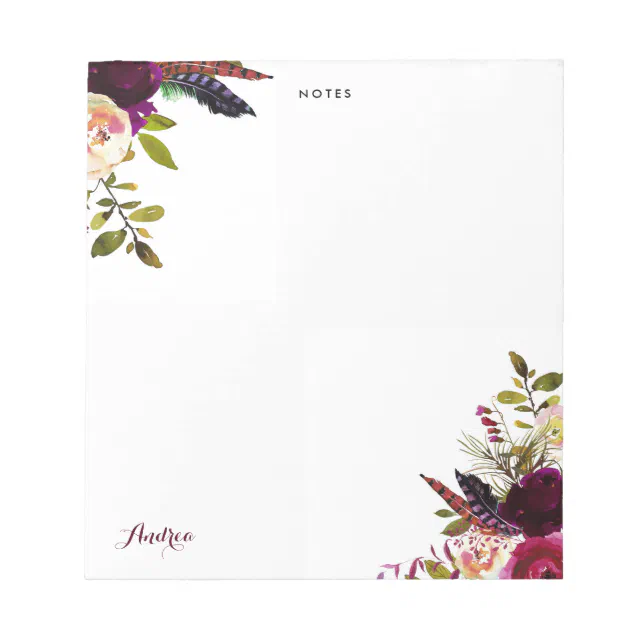 Watercolor Purple Boho Floral Autumn Personalized Notepad | Zazzle