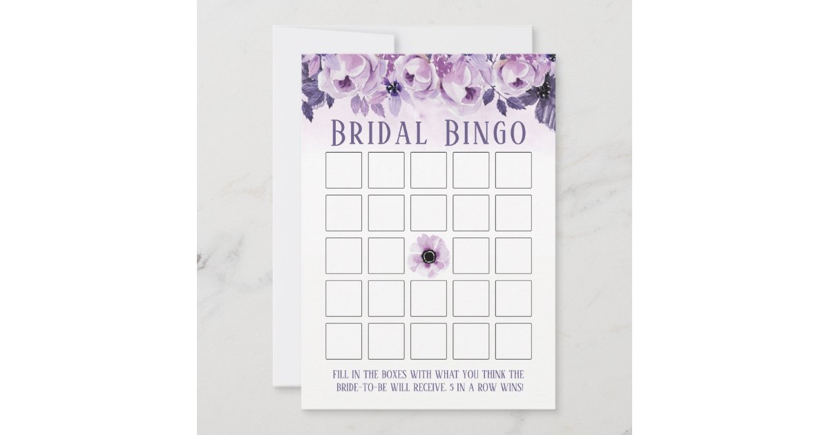 Watercolor Purple Floral Bridal Shower Bingo Invitation | Zazzle