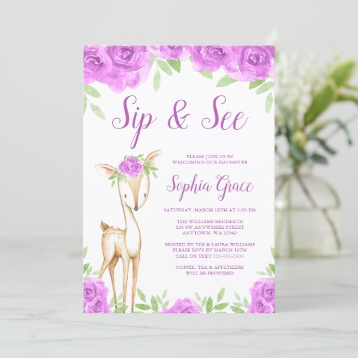 Watercolor Purple Floral Deer Girl Sip and See Invitation | Zazzle