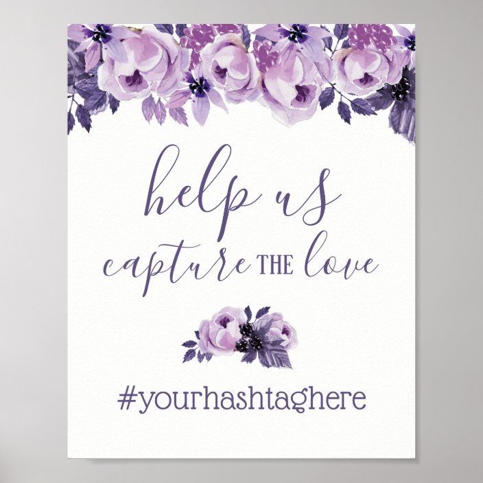 Watercolor Purple Floral Elegant Wedding Hashtag Poster | Zazzle.com
