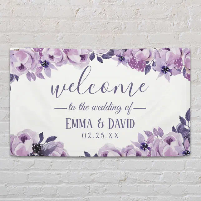 Watercolor Purple Floral Elegant Wedding Party Banner | Zazzle