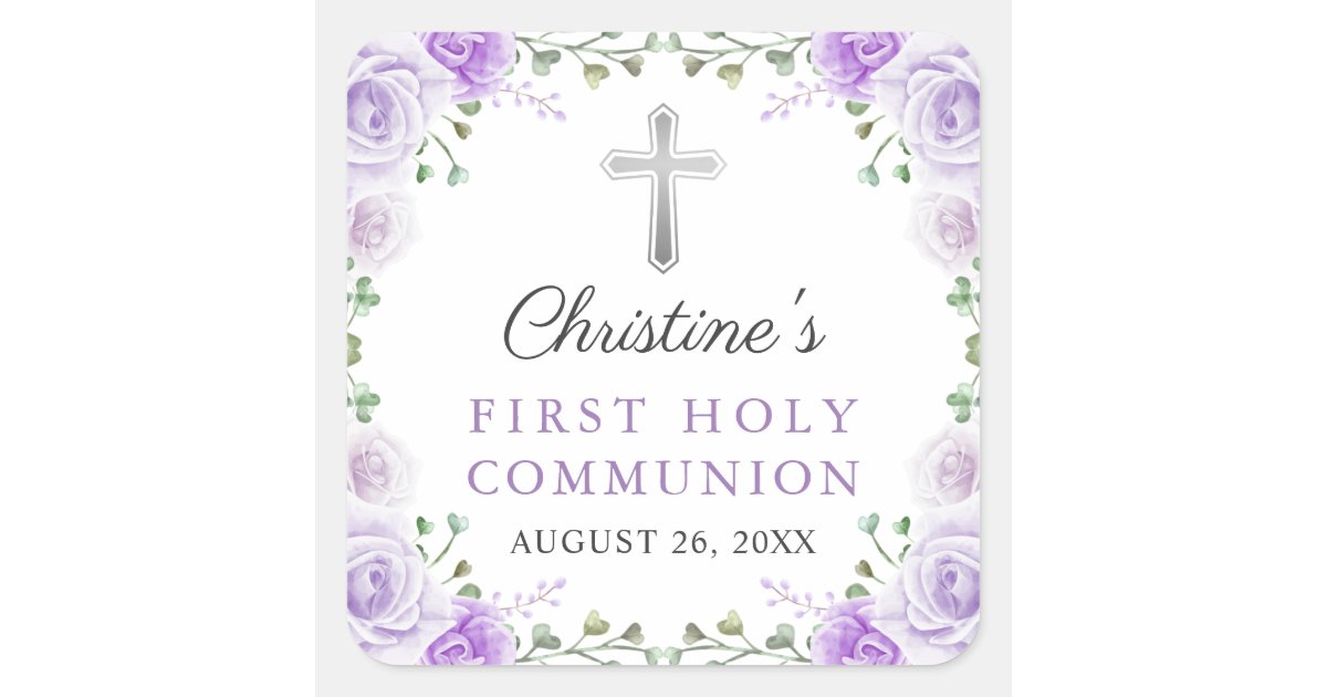 Watercolor Purple Floral First Holy Communion Square Sticker | Zazzle