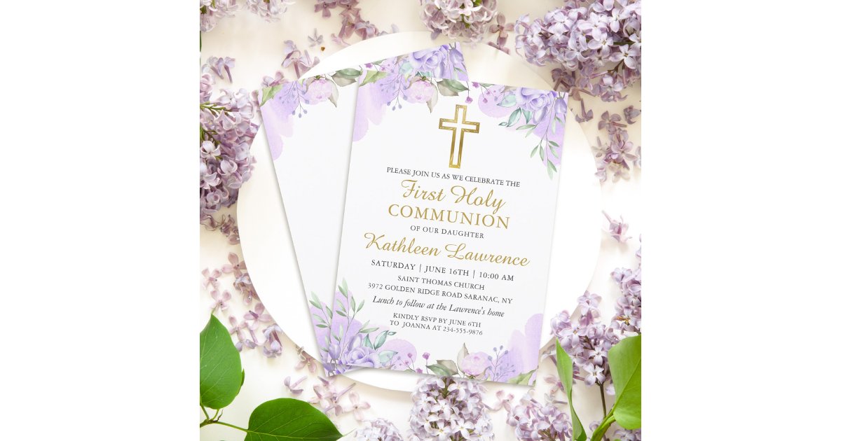 Watercolor Purple Floral Girl First Holy Communion Invitation | Zazzle