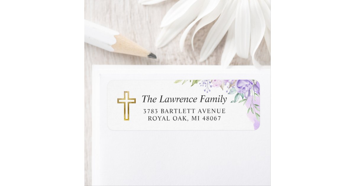 Watercolor Purple Floral Gold Cross Return Address Label | Zazzle
