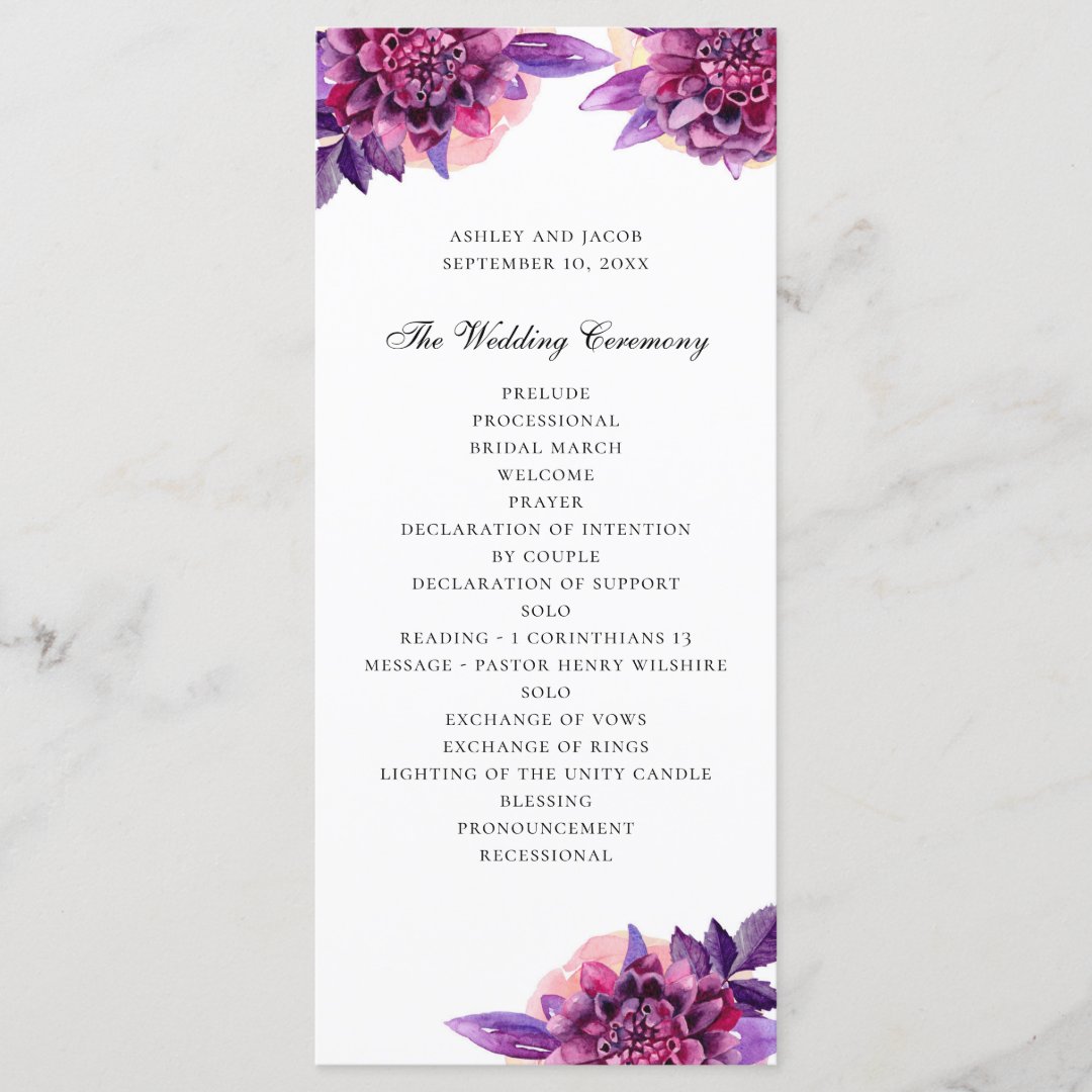 Watercolor purple floral wedding. Lilac flowers Program | Zazzle