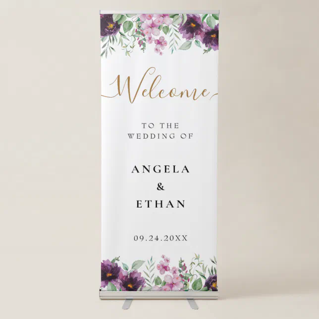 Watercolor Purple Florals Wedding Welcome Retractable Banner | Zazzle