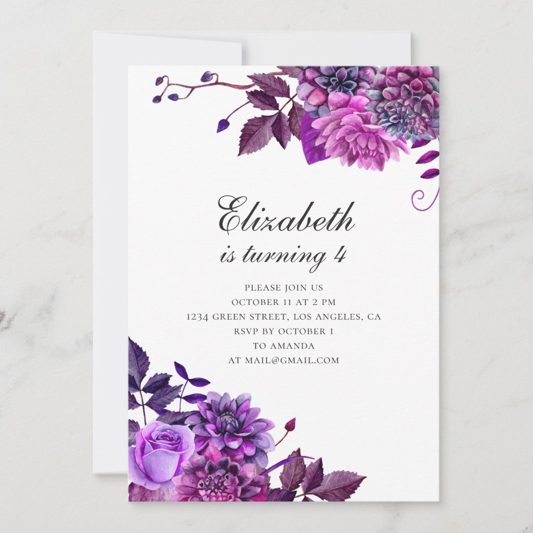 Watercolor purple flowers. Floral birthday party Invitation | Zazzle