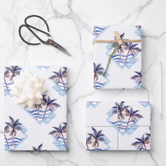 Watercolor Purple Geometric Palm Tree Pattern Wrapping Paper Sheets ...