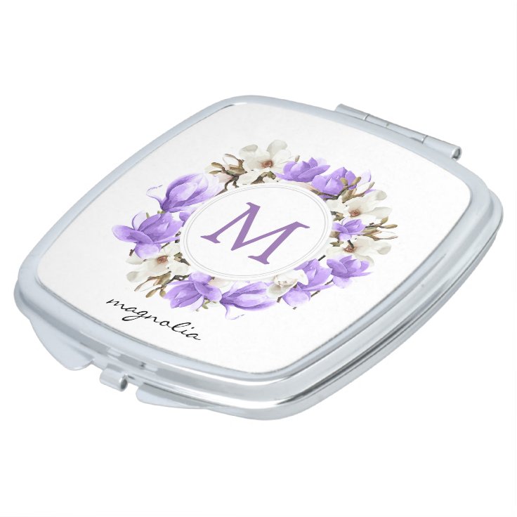 Watercolor Purple Magnolia Wreath Monogram Compact Mirror | Zazzle