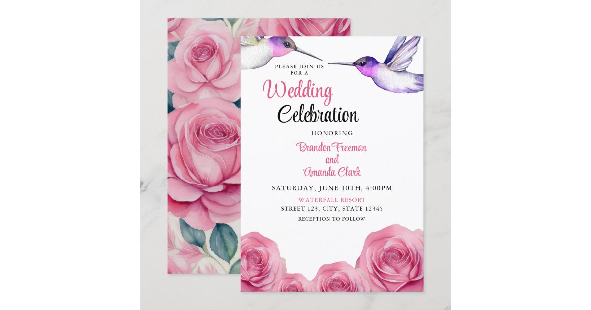 Watercolor Purple & Pink Rose Hummingbird Wedding Invitation | Zazzle
