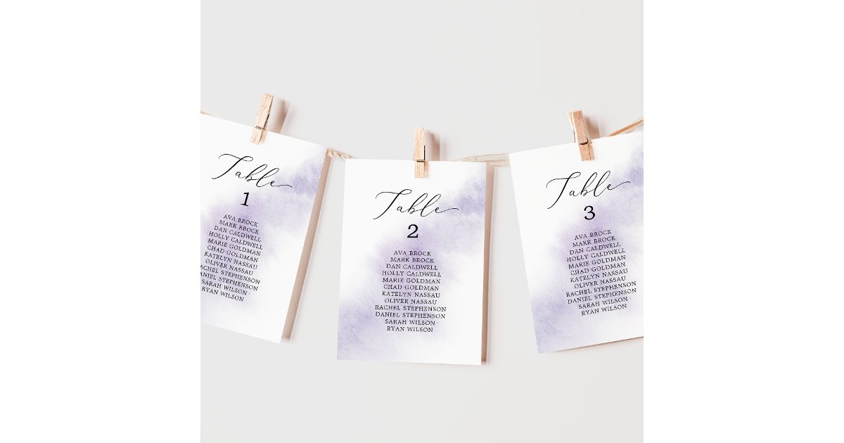 Watercolor Purple Printable Seating Chart Cards | Zazzle