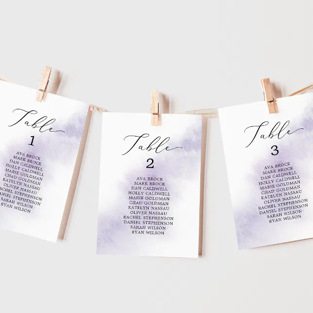 Watercolor Purple Printable Seating Chart Cards | Zazzle