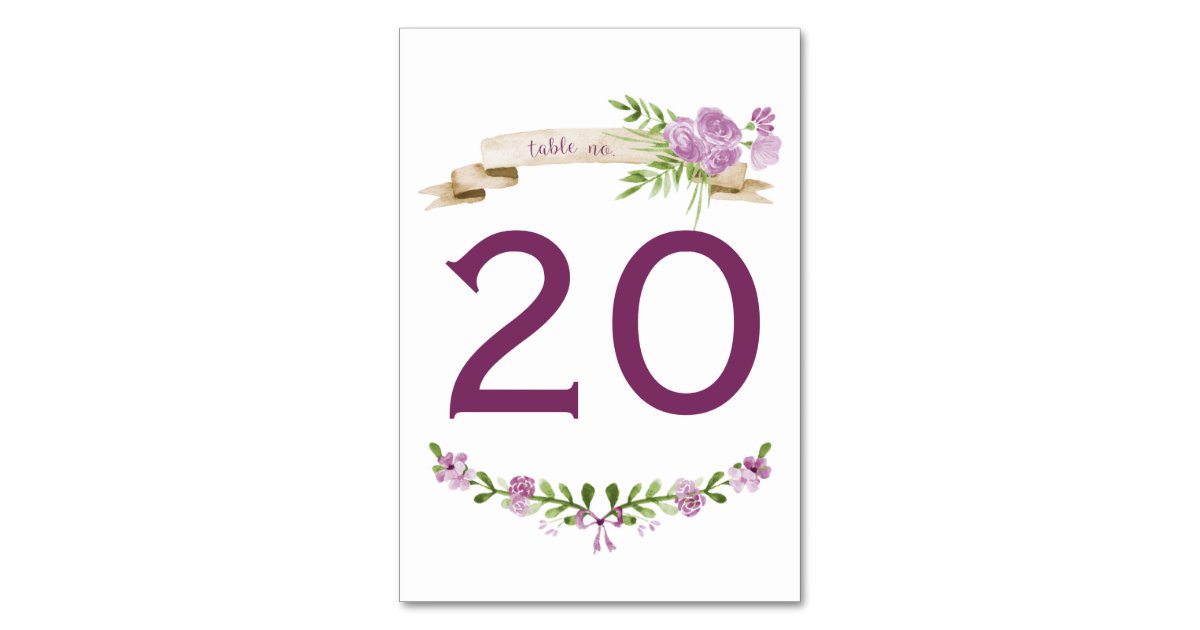 Watercolor Purple Roses Greenery Table Numbers | Zazzle