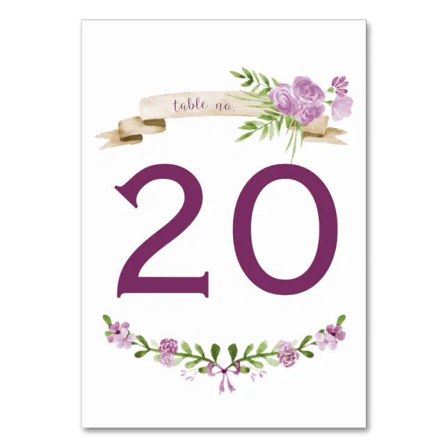 Watercolor Purple Roses Greenery Table Numbers | Zazzle