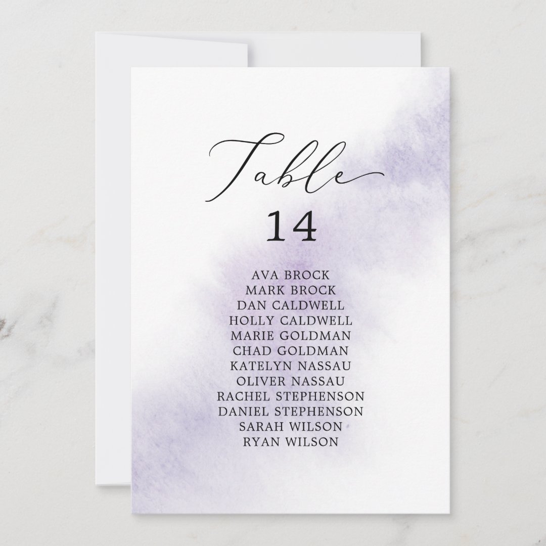 Watercolor Purple Table Number Seating Chart Cards | Zazzle