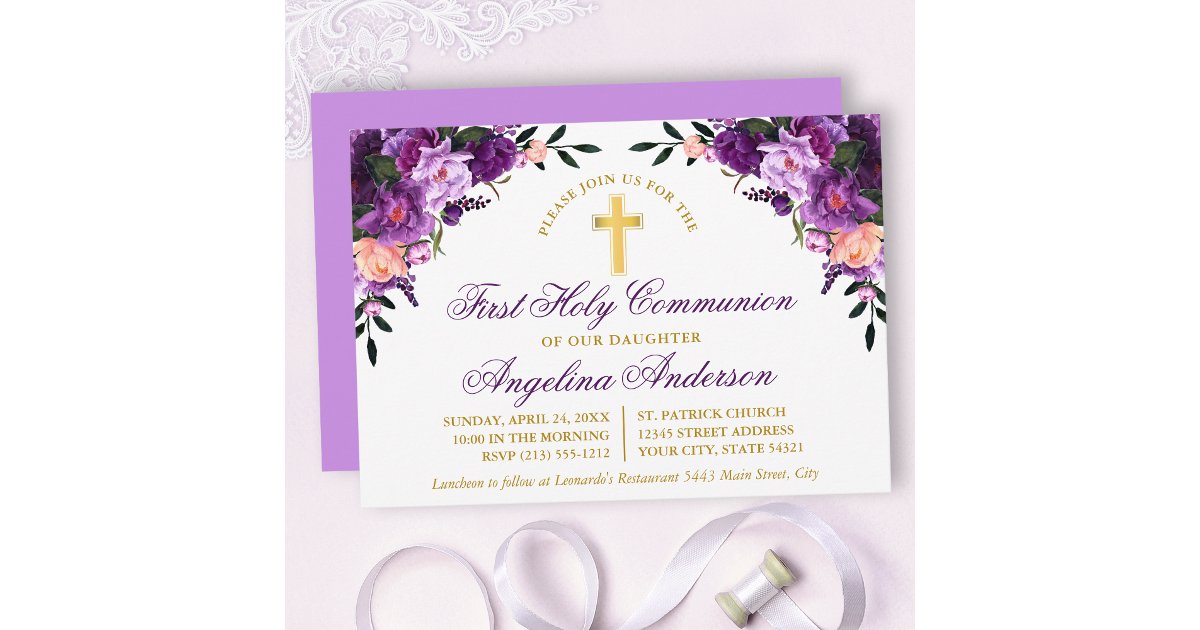 Watercolor Purple Violet Floral Communion Gold Invitation | Zazzle