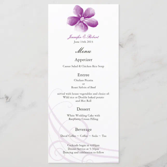 Watercolor Purple Wedding Menu Card | Zazzle