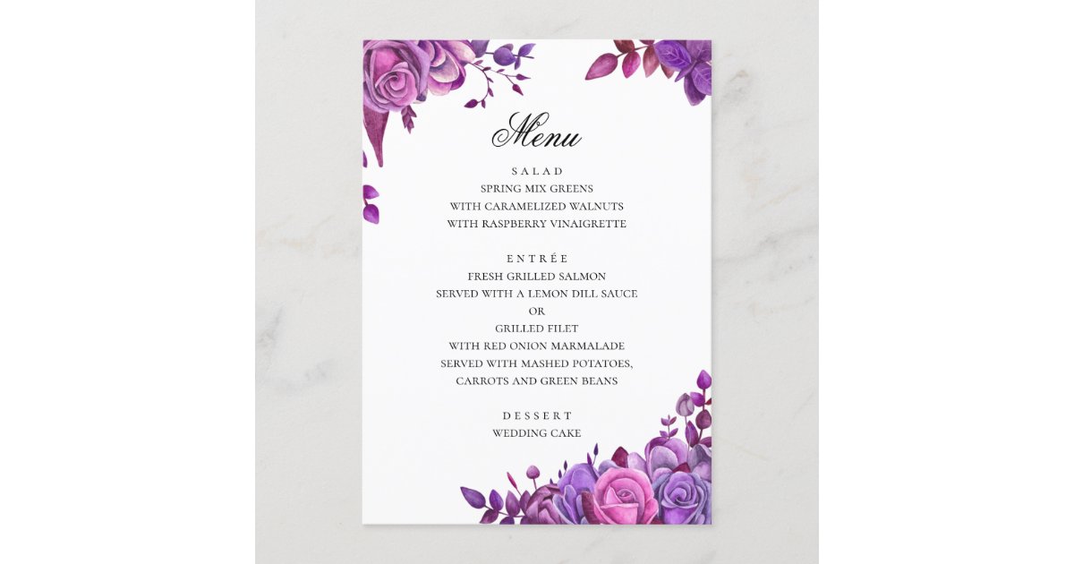 Watercolor purple wedding. Romantic lavender Menu | Zazzle