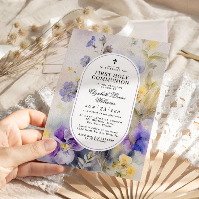 Watercolor Purple & Yellow First Holy Communion Invitation | Zazzle