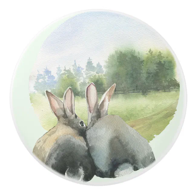Watercolor Rabbits with Mint Green Ceramic Knob | Zazzle