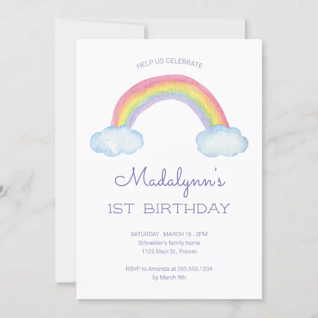 Watercolor Rainbow and Raindrops Childs Birthday Invitation | Zazzle