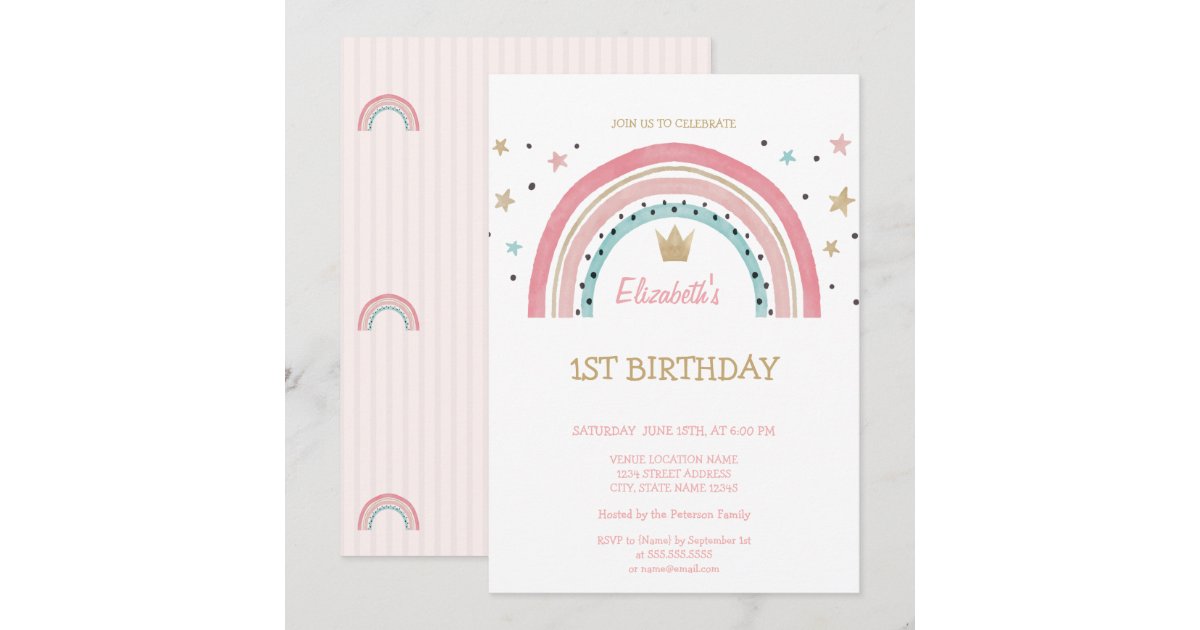 Watercolor Rainbow Crown Striped Birthday Invitation | Zazzle